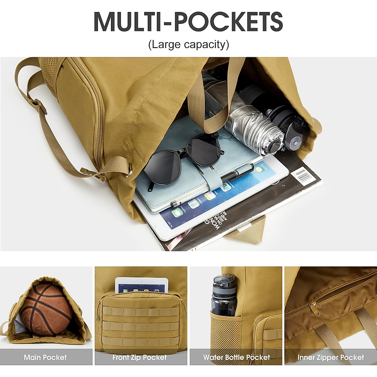 G4Free Drawstring Backpack Gym Backpack Soccer Basketball Bag with Shoes Compartment Tactical Water-Resistant String Sports Bag for Men Women(Tan)