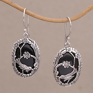 NOVICA Artisan Handmade Onyx Dangle Earrings 925 Silver Birdthemed from Bali Sterling Indonesia Nature Floral Birthstone [1.5 in H x 0.7 in W x 0.2 in D] ' Avian Curiosity'