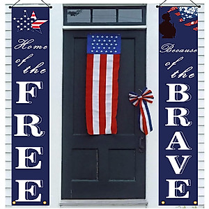 NUOGIC American Flag Patriotic Soldier Porch Sign Banners -“HOME of the FREE” and “Because of the BRAVE”- Hanging Banner for 4th of July Decor/ Independence Day/ Memorial Day/ Veterans Day/ Labor Day