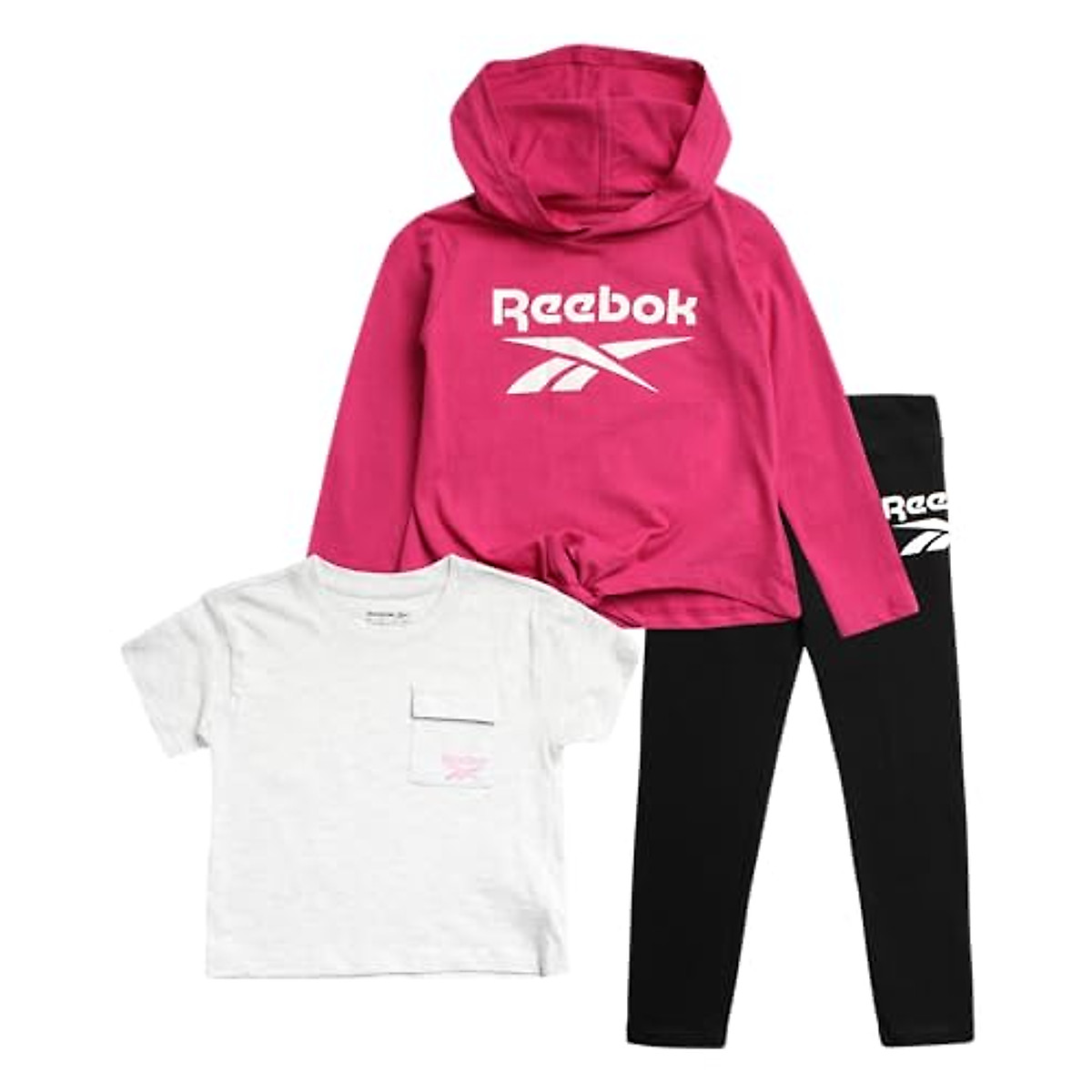 Reebok Girls' Legging Set - 3 Piece Performance Long Sleeve T-Shirt, Tee, and Leggings - Active Set for Toddlers/Girls, 2T-6X, Size 6, Semi Proud Pink