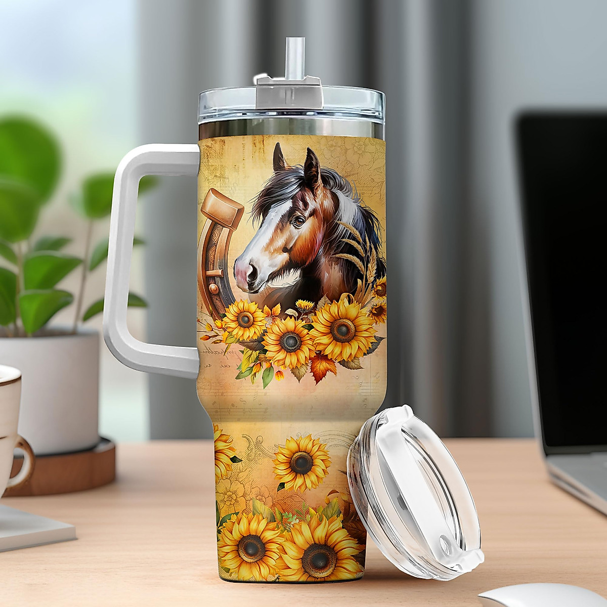 99WHALE Horse Horseshoe Sunflowers, Tumbler 40 Oz With Handle Lid And Straw, Horse Gifts, Yellow Women For Coffee Horses Handle Music Tumblers Cups Lovers Sunflower