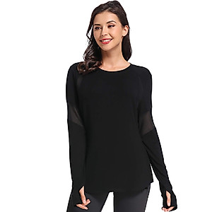 Muzniuer Long Sleeve Workout Tops for Women Gym Exercise Athletic Shirts Long Sleeve Yoga Shirts Loose Sports Shirts with Thumb Hole Running Activewear for Women Black L