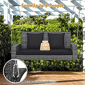 Tangkula 2 Person Wicker Hanging Porch Swing, Patiojoy Outdoor Rattan Swing with Soft Cushions and 2 Rustproof Steel Chains, 800 LBS Patio Swing Bench for Balcony, Garden and Yard (Black)