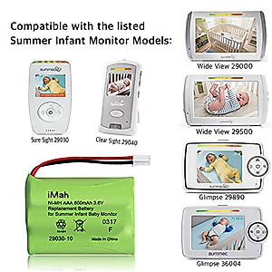iMah Ryme B25 29030-10 Battery for Summer Infant Baby Monitor Battery Rreplacement | 3.6V 800mAh Ni-MH with Square-Hole Connector