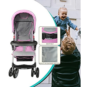 AmorosO Single Stroller - Baby Stroller with Four Wheels - Lightweight Stroller - Convertible Stroller with Extra Storage Space - Foldable Stroller with Sun Protection Hood Cover (Pink/Grey)