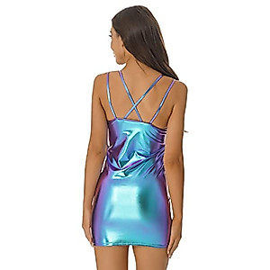 Loloda Women's Sexy Latex Stretchy Bodycon Wrap Dress Sleeveless Mini Club Party Dresses Shiny Blue Small