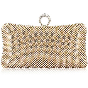 Dexmay Rhinestone Crystal Ring Clutch Purse Luxury Evening Bag for Bridal Wedding Party Gold