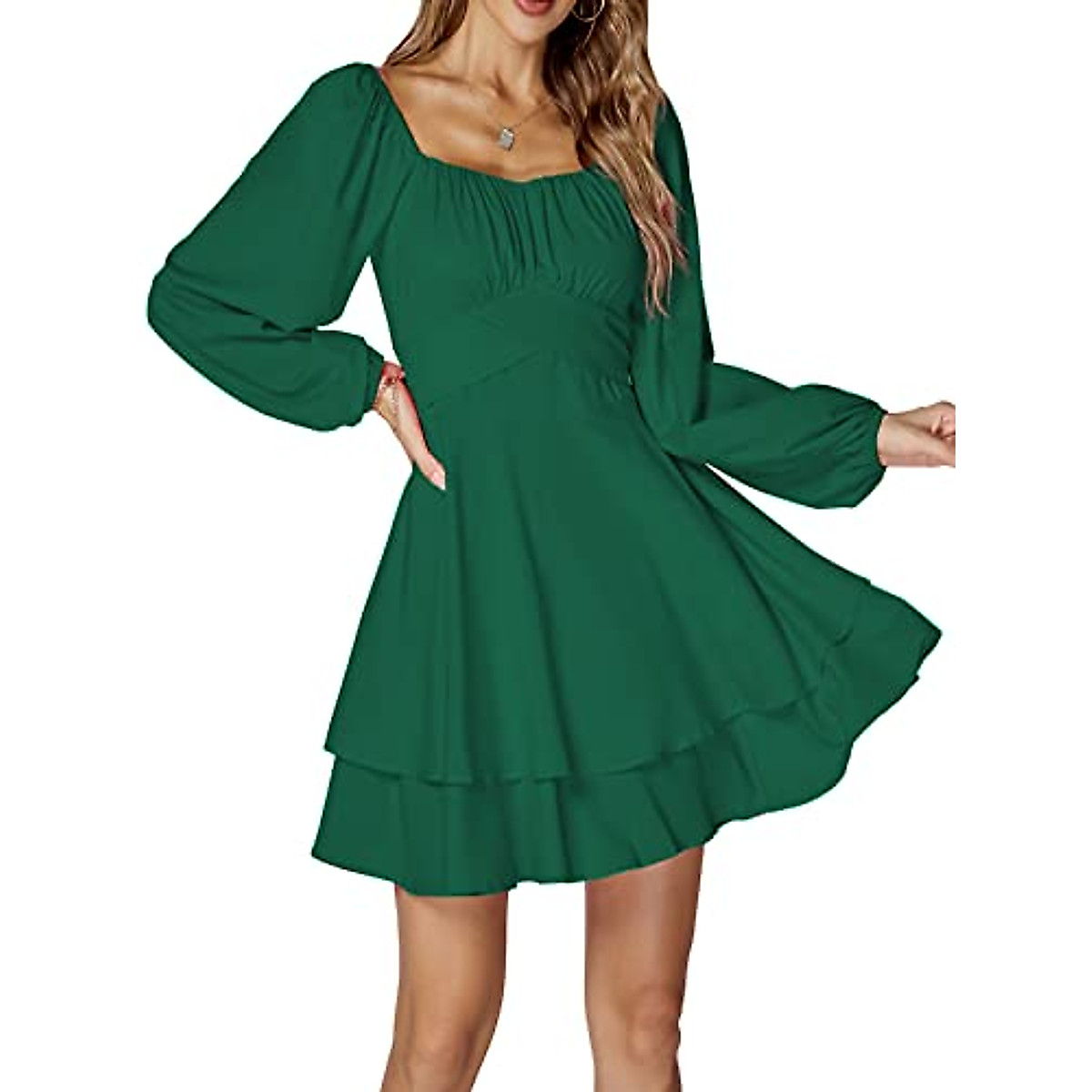 LYANER Women’s Lantern Long Sleeve Wrap Tie Back Square Neck Double Layer Ruffle Hem A Line Short Mini Dress Green Medium
