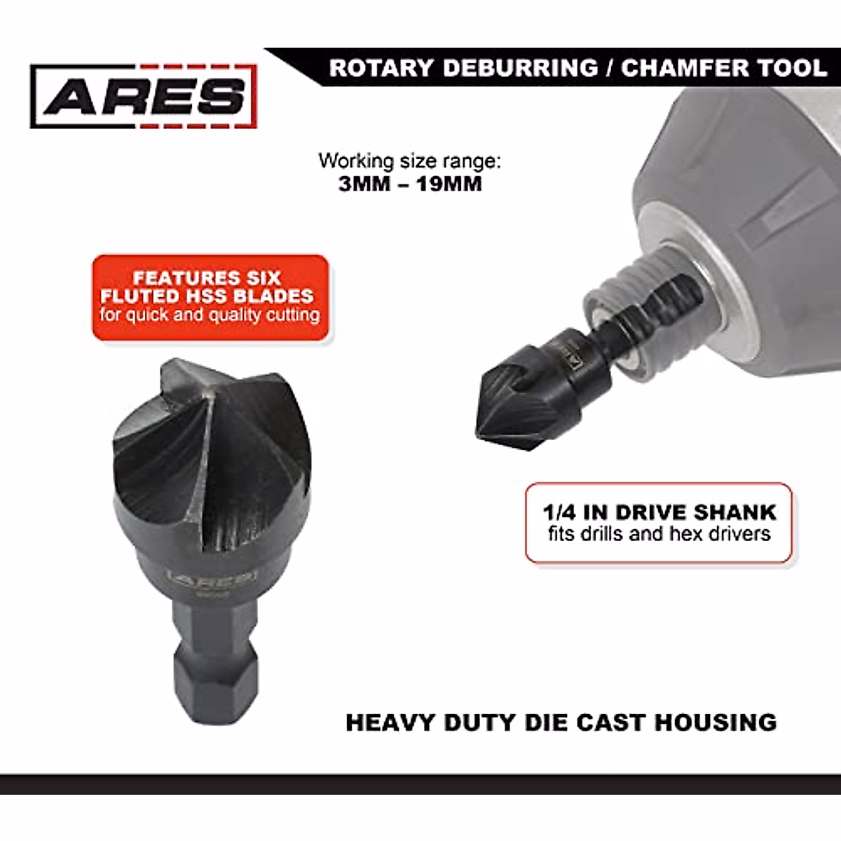 ARES 48003 – 3-Piece External/Internal Rotary Deburring & Chamfer Tool Set – External Debur Coverage of 3 – 36mm - Clean and Repair Internal Edges of Newly Cut Pipes