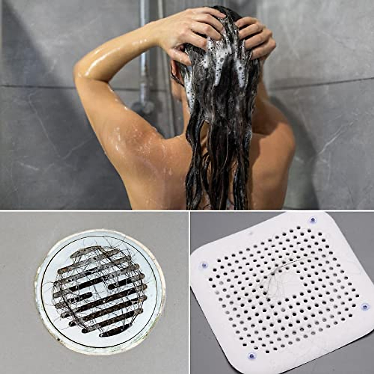 Drain Hair Catcher, 4 Pack Square Drain Cover for Shower Silicone Hair Stopper Bathroom Sink Strainer with Adjustable Suction Cups (2 Grey + 2 White)