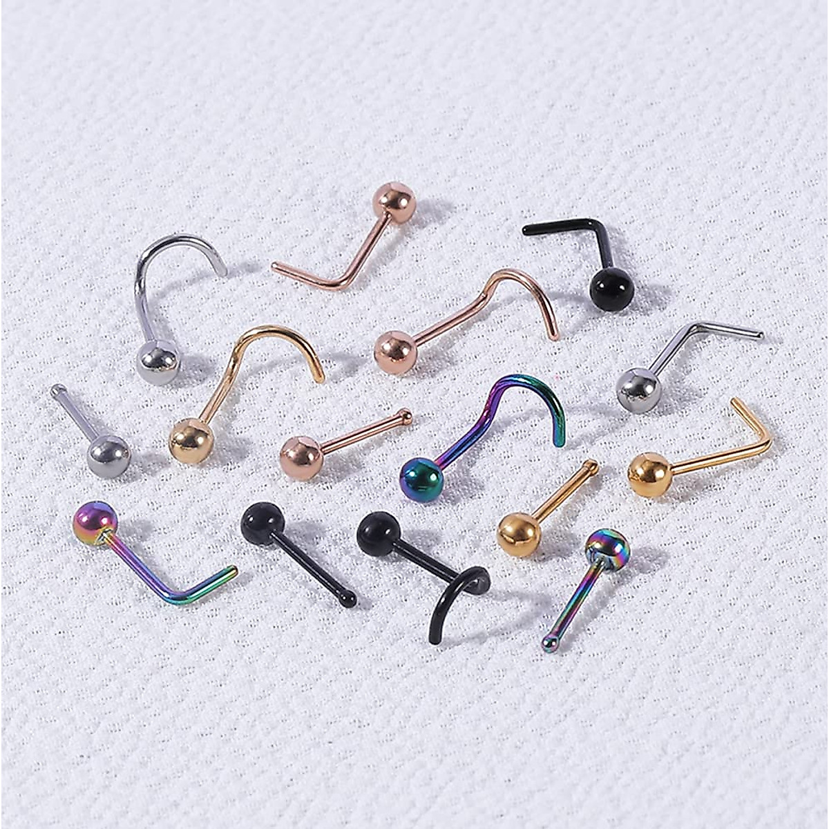 6ixGosh 6pcs 20g Nose Studs 3mm Ball Flat Surgical Steel Nose Ring for Women Men Black Rose Gold Nose Stud L Shaped Corkscrew Nose Ring Studs Cute Nostril Nose Piercing Jewelry