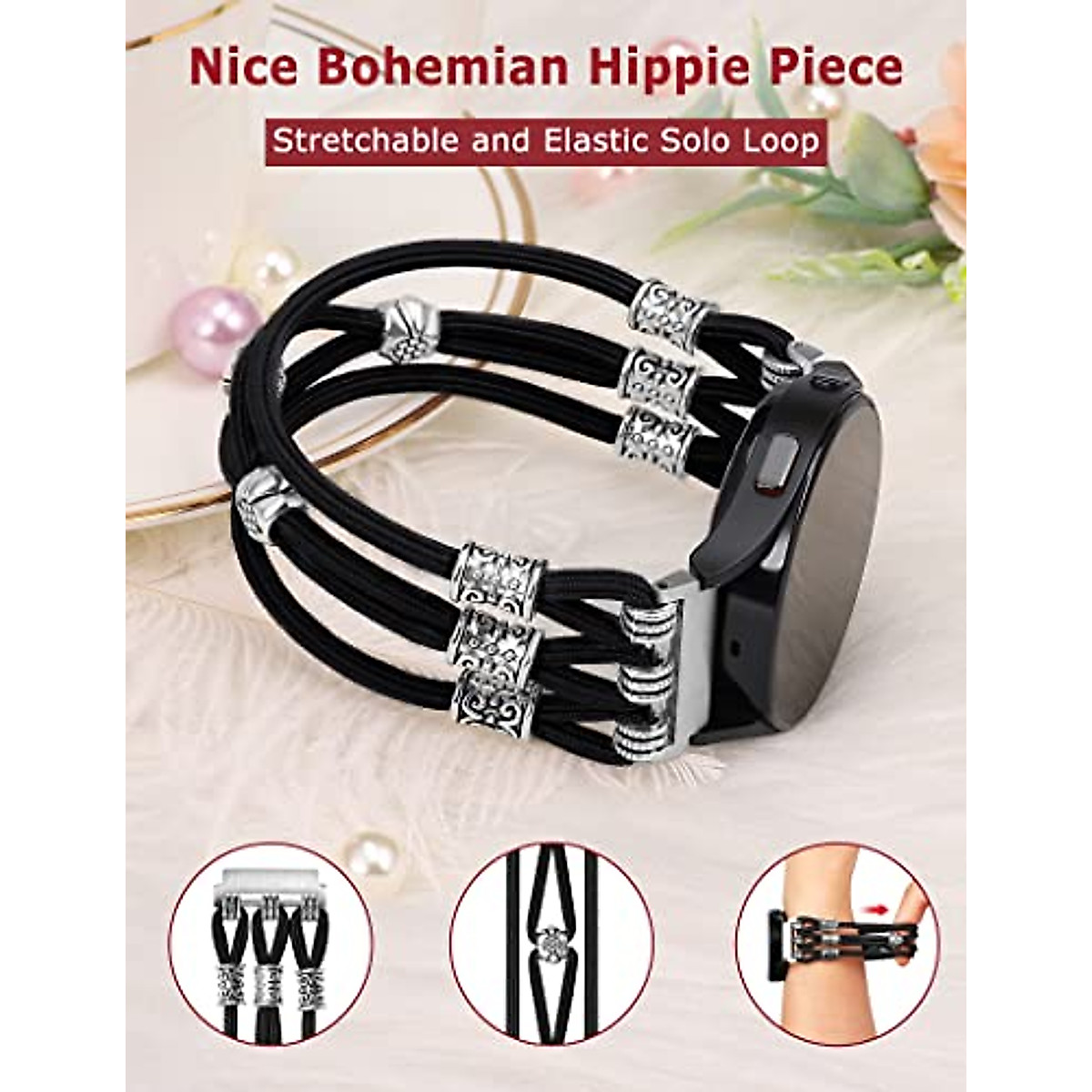 W-RARA Beaded Bracelet Compatible with Samsung Galaxy Watch 6/5/4/Active 2 40mm 44mm/Watch 5 Pro 45mm/Watch 6 Classic/Watch 3 41mm Bands, 20mm Premium Nylon Stretchy Boho Solo Loop Strap for Women