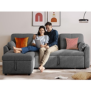 YITAHOME 86" Sleeper Sofa, 2 in 1 Convetible Sofa Bed with Pull Out Couch Bed and Storage Chaise,L-Shape Sectional Sofa for Living Room, Teddy Fleece, Grey