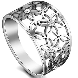 Jude Jewelers Stainless Steel Carved Flower Pattern Promise Wedding Statement Cocktail Party Ring (Silver, 8)