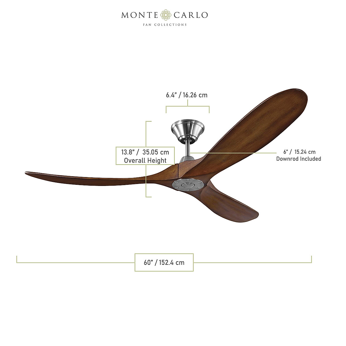 Monte Carlo 3MAVR60BSKOA Maverick Energy Star Outdoor Ceiling Fan with Remote Control, 3 Balsa Wood, 60-Inch, Brushed Steel-Koa Blades