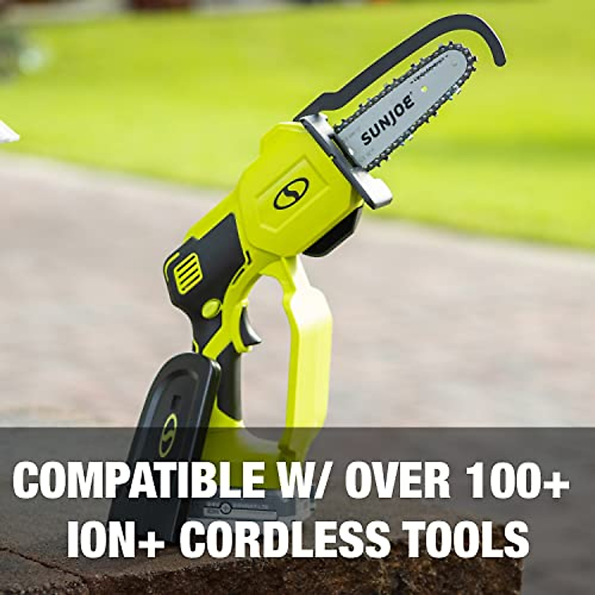 Sun Joe 24V-HCS-LTE-P1 24-Volt iON+ Cordless Mini Chainsaw, Handheld Pruning Saw Kit, 5-Inch, w/ 2.0-Ah Battery and Charger, Green