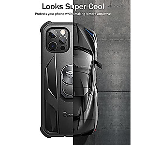 Dexnor Rugged Full Body Case for iPhone 12/12 Pro (6.1 inches) with Screen Protector & Ring Kickstand Car Mount, Slim Shockproof Protective Bumper Cover with Anti Dust Plugs (Black)