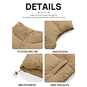 MEROKEETY Women's Quilted Puffer Vest Lightweight Stand-up Collar Soild Color Warm Outewear, Khaki, Small
