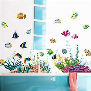 Sea Life Wall Stickers Under The Sea Fish Wall Decor, DILIBRA Sea World Removable Peel and Stick Waterproof DIY Art Wall Decals for Kids Room Nursery Living Room Bathroom Playroom (Sea Life 2)