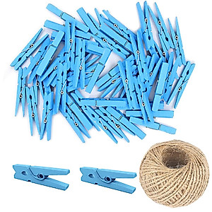 100 pcs Mini 25mm Natural Wooden Clips Photo Clips Clothespin DIY Wedding Party Wooden Clip Clips Pegs with 98 FT Jute Twine String(Blue)