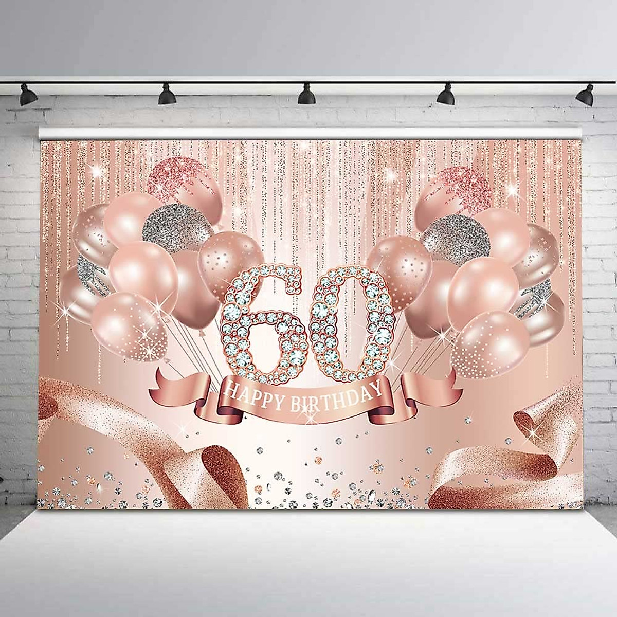 Sensfun Rose Gold Happy 60th Birthday Backdrop Decorations for Women Pink Glitter Ribbon Balloons Dots Photography Background Shining Diamond Sixty Years Old Party Banner Photo Studio Props 7x5ft