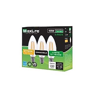 MaxLite LED Filament LAMP 4W B10 80 CRI 2700K DIM E12-3 Pack - White,F4B10D27/3P/WS