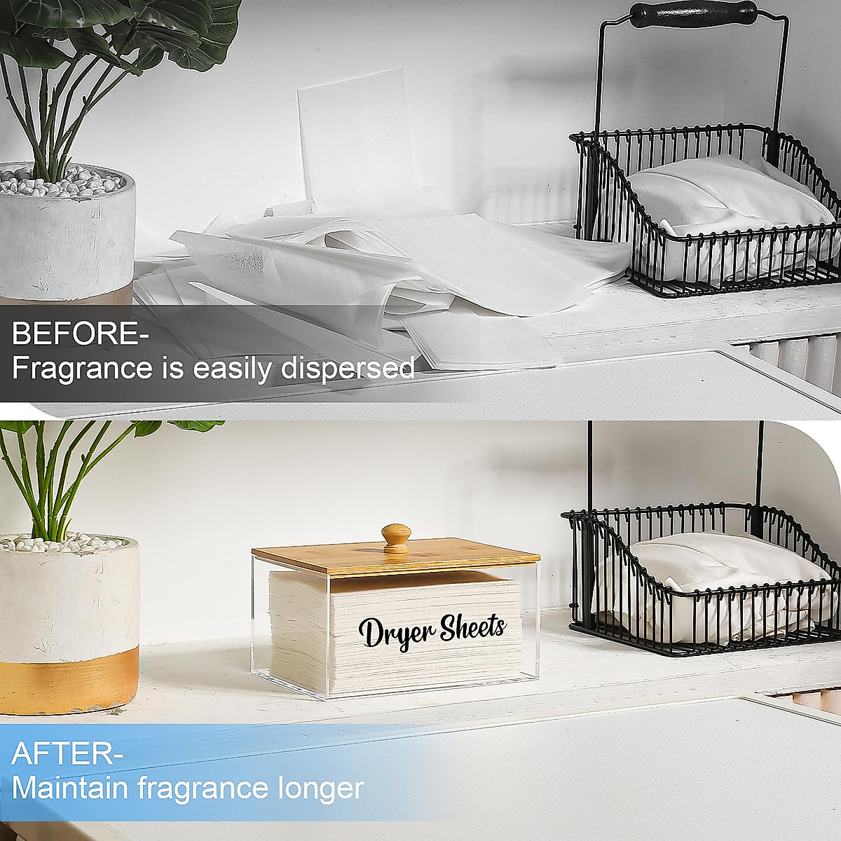 VOTLEVT Acrylic Dryer Sheet Holder with Bamboo Lid,Laundry Dryer Sheet Container and Dispenser for Laundry Room, Fabric Sheet Holder Laundry Organizer