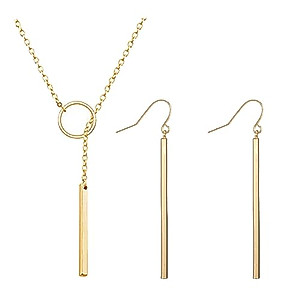 Dcfywl731 Minimal Dainty Gold Plated Dangle Earrings Layered Bar Pendant Neckalce Gold Long Y-Necklace Gold Earrings and Necklaces Set Delicate Lariat Chain Jewelry for Women