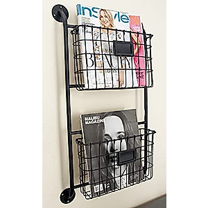 Deco 79 Metal Rectangle Magazine Rack Holder with Suspended Baskets and Label Slot, 16" x 3" x 28", Black