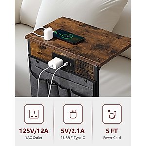 Evermagin C Shaped End Table with Charging Station, Small Side Table for Recliner, Over Couch Table with Outlet and Storage Bag, Slide Under Sofa Tray Table for Living Room, Bedroom, Rustic Brown