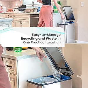 Home Zone Living 13 Gallon Kitchen Trash Can, Dual Removable Liners for Recycling and Trash, Slim Stainless Steel Shape (8 + 5 for 13 Gallon Total)