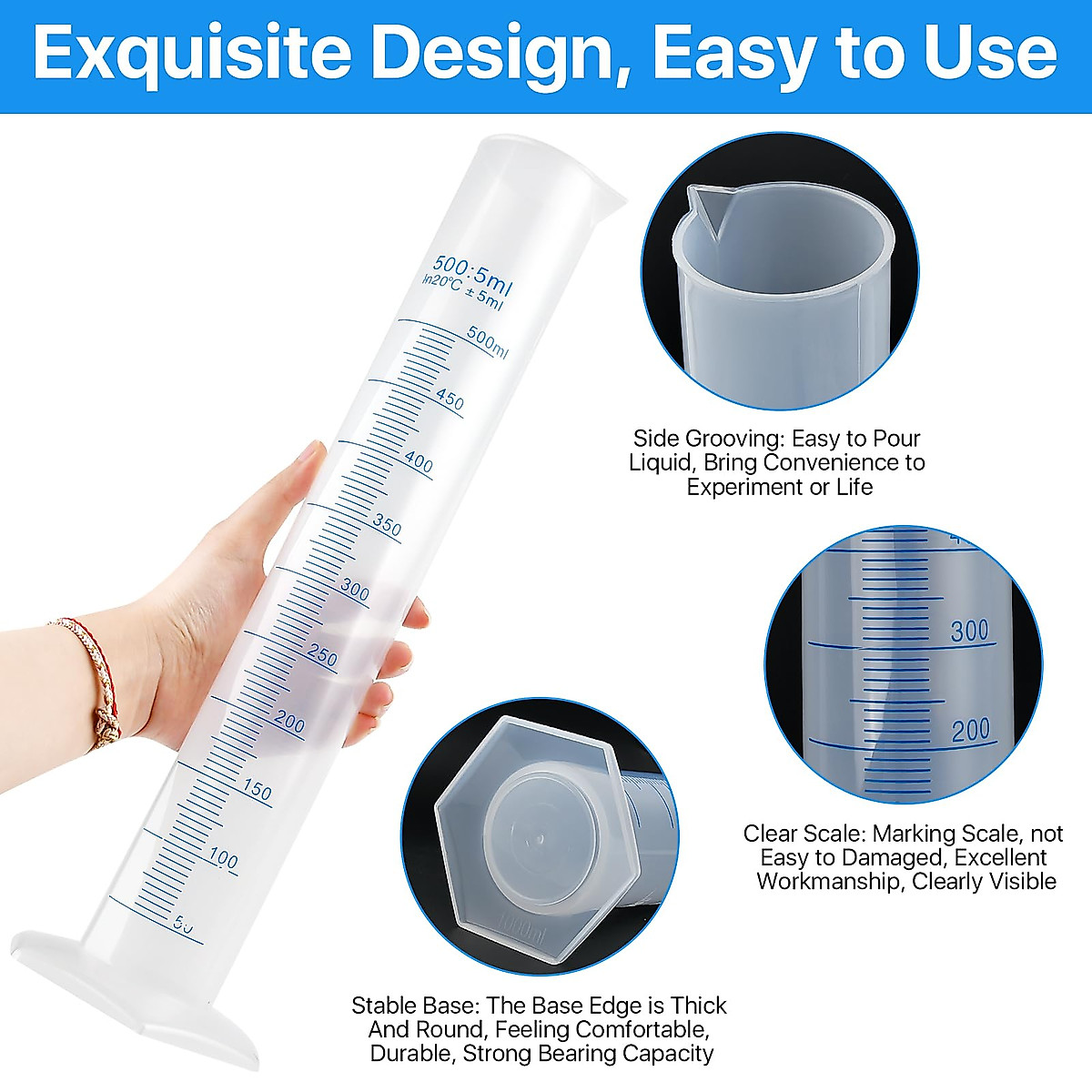 Akamino 4 Packs 500ml Plastic Graduated Cylinder,Transparent Measuring Cylinder Set with Pour Spout, 2-Sided Making Plastic Lab Test Tube for Science Projects, Laboratory Supplies