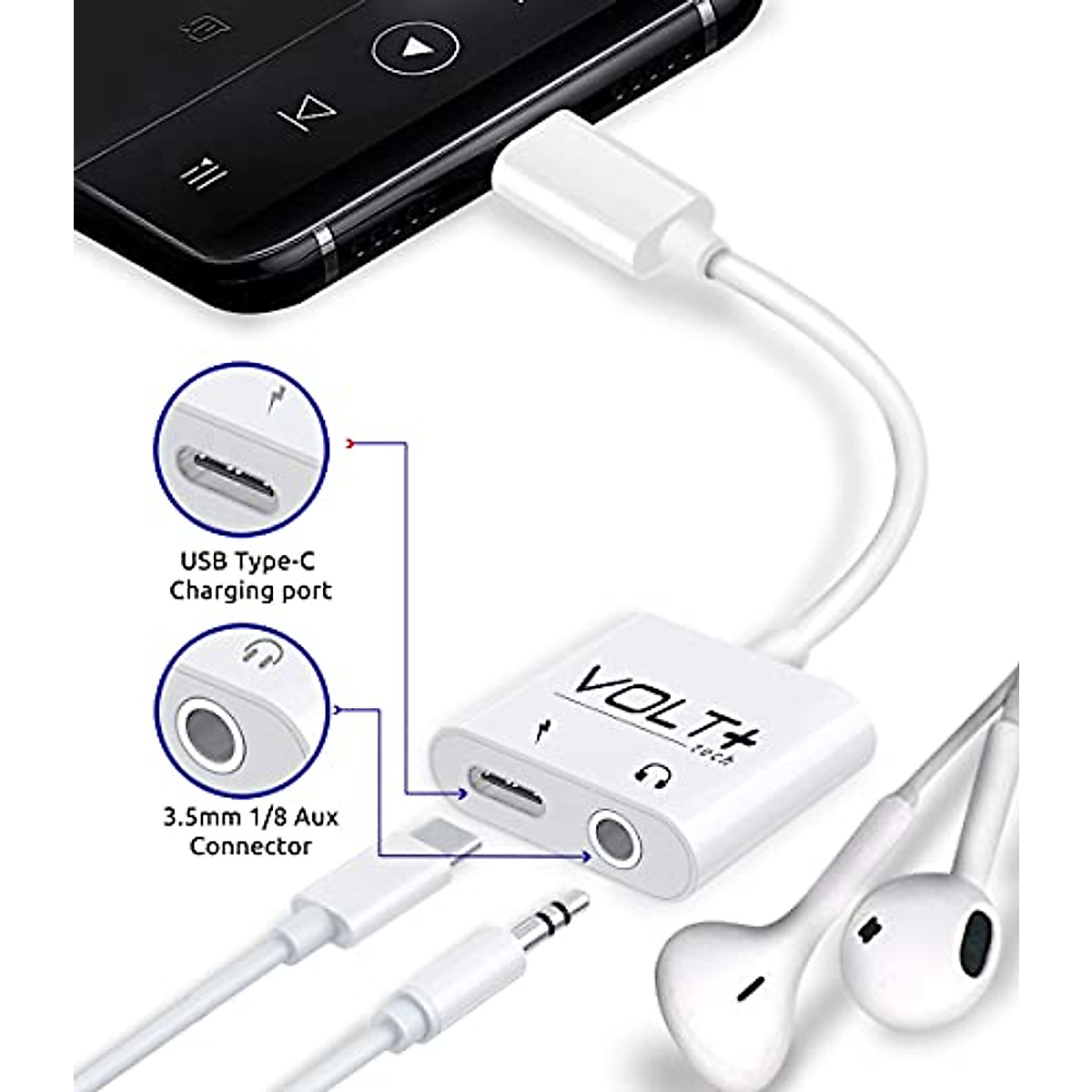 Volt Plus Tech USB C to 3.5mm Headphone Jack Audio Aux & C-Type Fast Charging Adapter for Samsung Galaxy S22/S21/S20/Ultra/Plus/Note 10/20 with C-Port