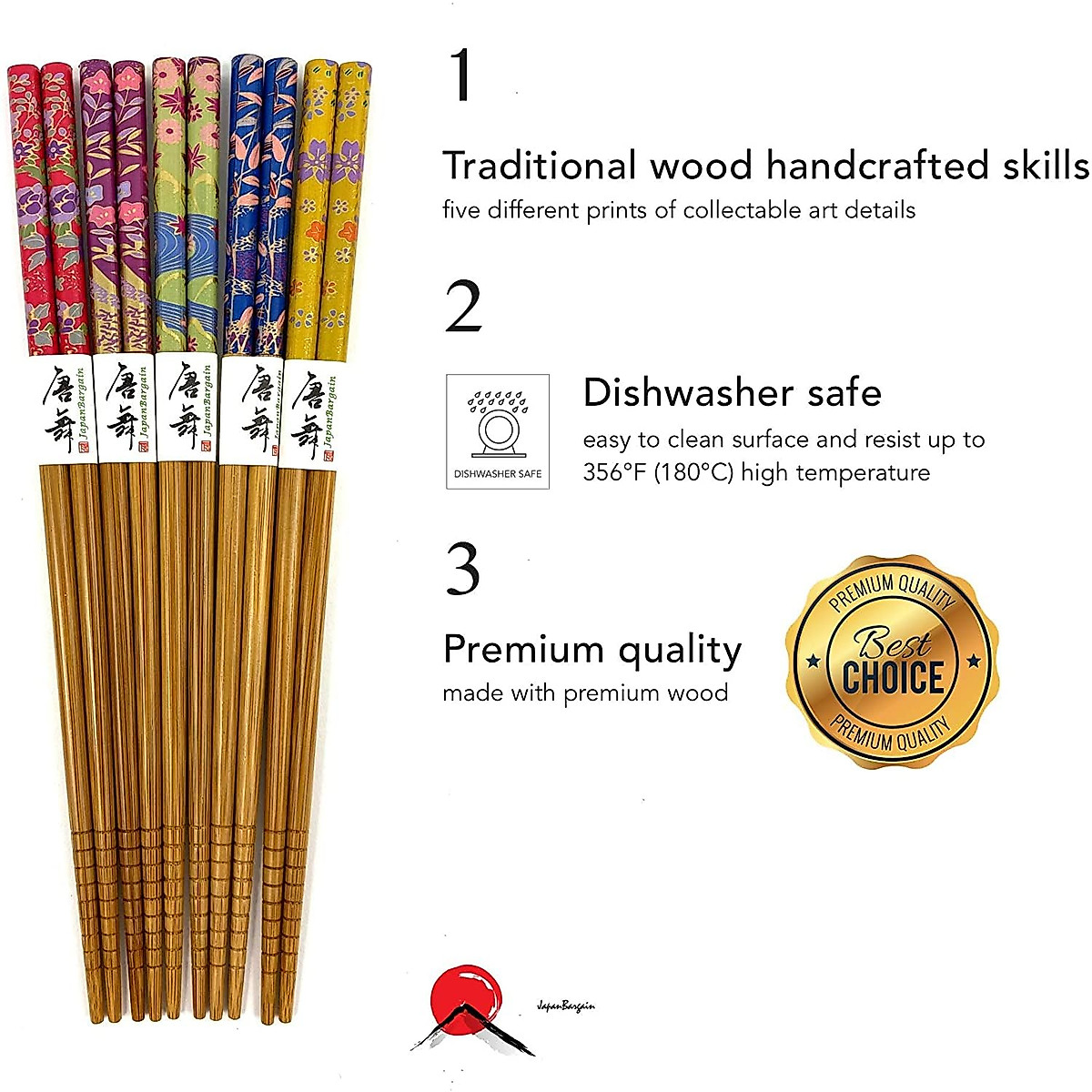 JapanBargain 3648, Bamboo Chopsticks Set Reusable Japanese Chinese Korean Wood Chop Sticks Hair Sticks, Dishwasher Safe, 5 Pair Gift Set, 9-inch (1)