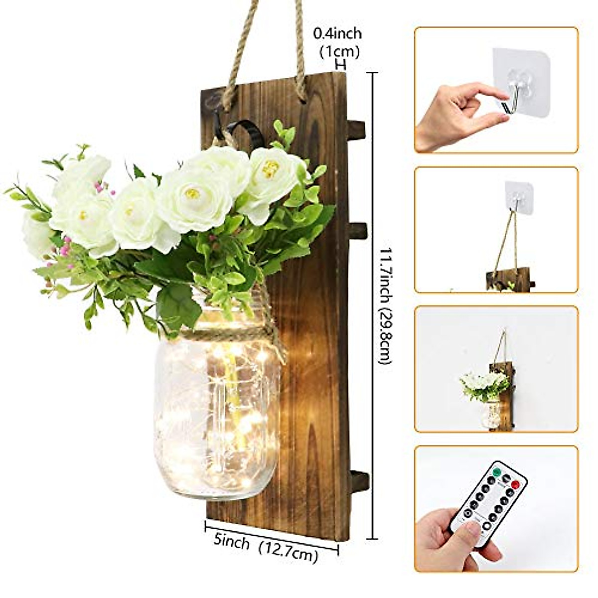 AerWo 2Pcs Mason Jar Sconces Wall Decor, Handmade Rustic Wall Sconces with LED Fairy Lights and Flowers, Hanging Mason Jar for Farmhouse Kitchen Decorations Wall Decor Living Room Lights