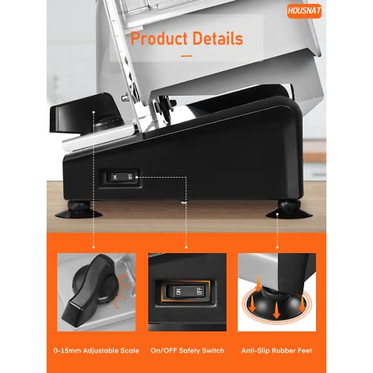 HOUSNAT Meat Slicer for Home Use, Electric Deli Food Slicer Machine with Two 7.5'' Blade and 0-15 mm Adjustable Thickness for Meat, Cheese, Bread, Include Food Pusher, 150W