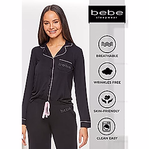 bebe Womens Pajama Sets - PJ Set for Women - Long Sleeve Button Down Shirt and Pamaja Pants Lounge Sleepwear Set (Black, Small)