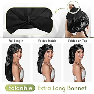 BONNET QUEEN Braid Bonnet Silk Bonnet Foldable Extra Long Bonnet for Braids Satin Bonnet for Sleeping Hair Bonnet with Tie Band Long Sleep Cap Black