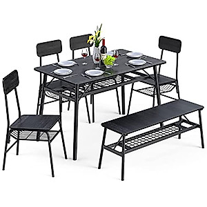 Bealife Dining Table Set for 6 with Bench, 6 Piece Dinette Set W/Chairs for Small Space, Kitchen Table and Chairs for 6 with Rectangular Table, Bench, 4 Chairs, Storage Rack, Steel Frame - Black