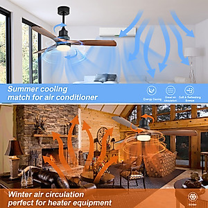 Sofucor 52" Ceiling Fan with Lights Remote Control, 3 Poles for Indoor Outdoor Ceiling Fan with Remote, Reversible Noiseless ETL Motor, 3 Walnut Wooden Blades