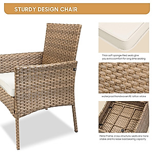 YIYAN 3 Pieces Patio Bistro Set Outdoor Wicker Furniture Outdoor Porch PE Rattan Wicker Chairs Furniture Sets with Sofa Chairs,Glass Coffee Table and White Washable Cushion