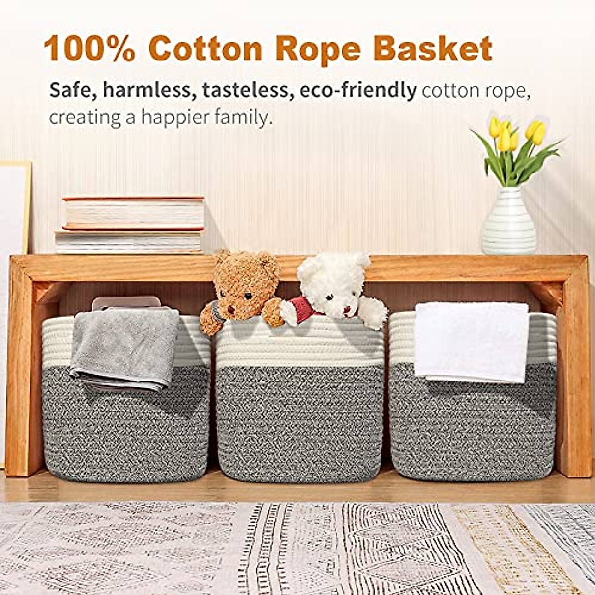 Desihum 3 Pack Cotton Rope Basket for Organizing, Woven Storage Basket with Handle , Decorative Baby Nursery Blanket Baskets Living Room Bin for Kids Clothes, Toys, Books, Fruit, Towel, 15×10 × 9 inch