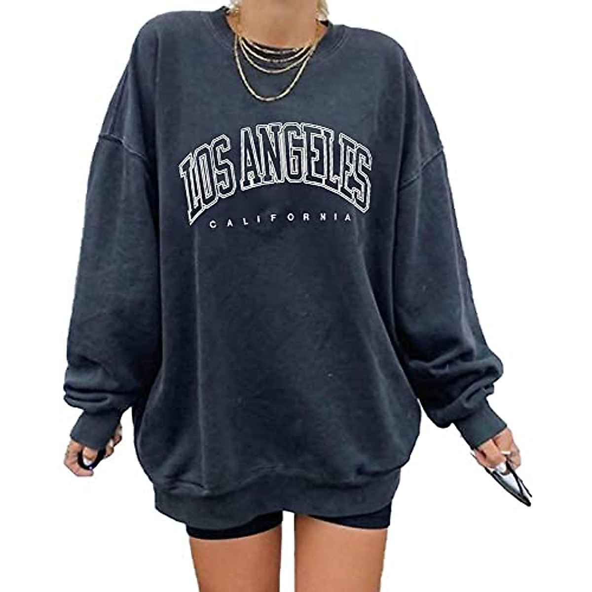Kaxindeb Women's Los Angeles California Sweatshirt Oversized Bat Long Sleeve Crewneck Pullover Navy