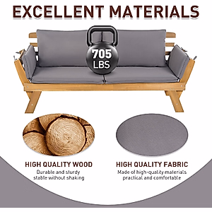 PayLessHere Outdoor Couch Patio Couch Daybed with Adjustable Armrest, Wooden Loveseat with Cushion and Pillow, and Expandable Plate