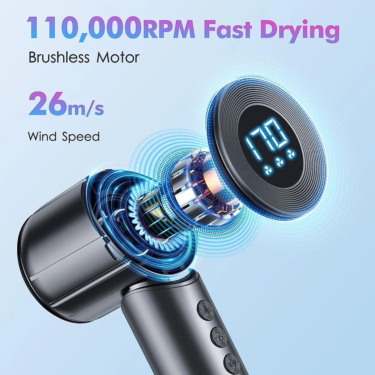 VACASSO Hair Blow Dryer, Ionic Dryer with Care Module, Professional Hairdryer High-Speed 110, 000 RPM Fast Drying, Low Noise Salon LED Temp Display, Negative for Home Travel Silver Gray