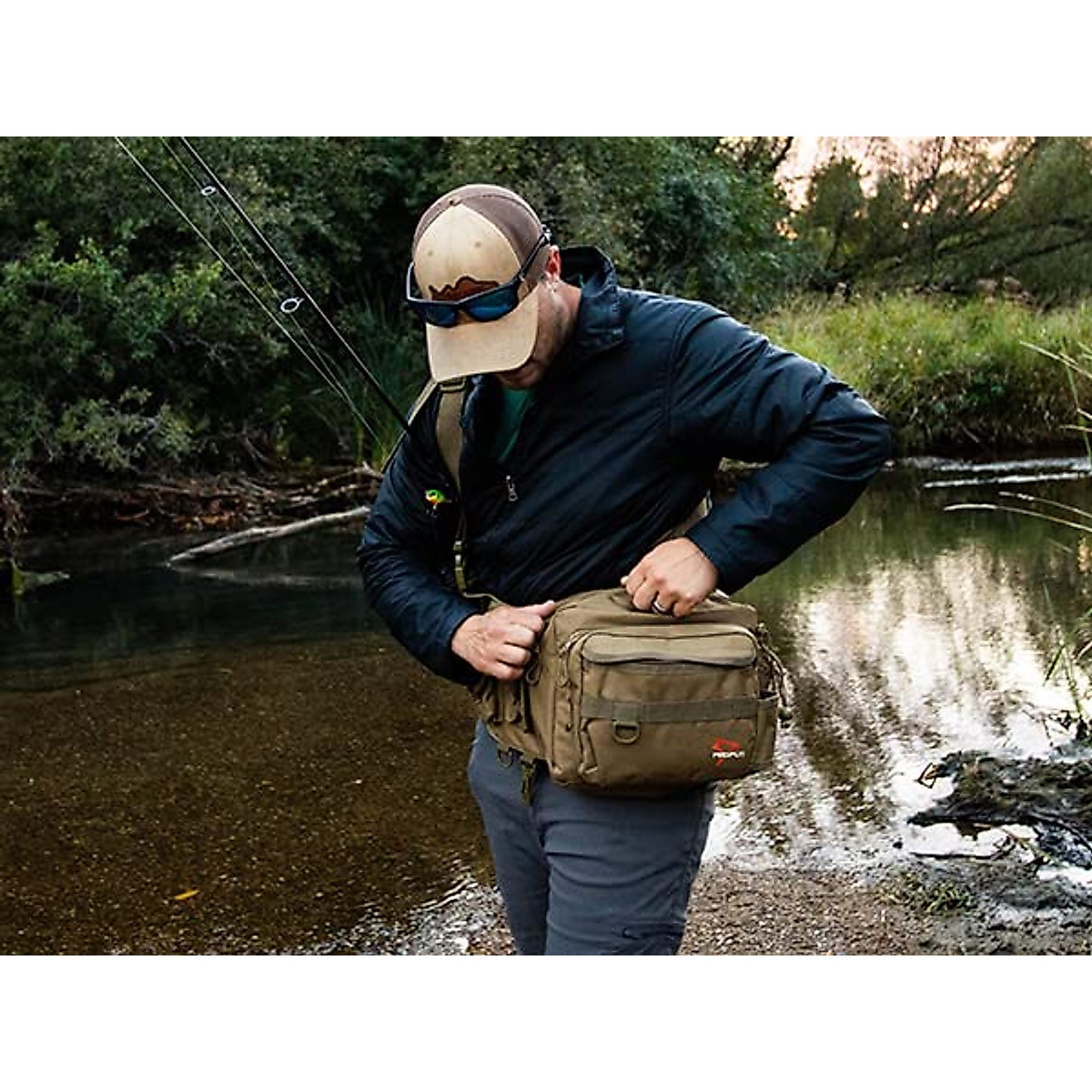 Piscifun Fishing Tackle Bag with Rod & Gear Holder, Lightweight Sling Tackle Storage Bag, Water-Resistant Cross Body Sling Bag with D-Rings and Waist Strap, Khaki