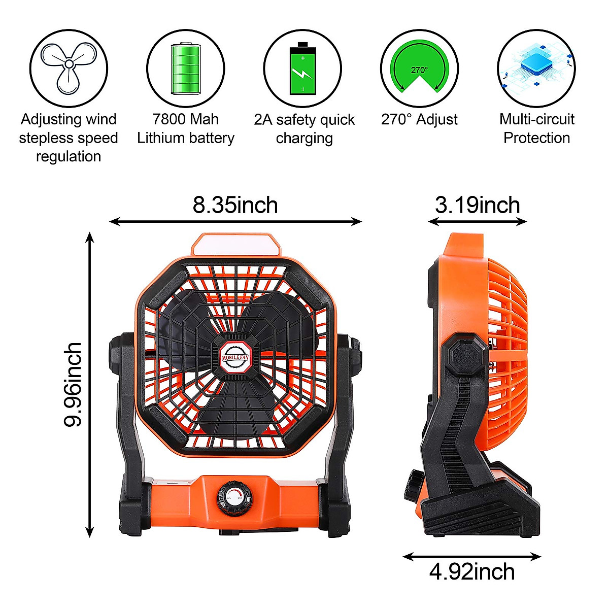 ivSunTEK Portable Camping Fan with LED Light and 270° Adjustment, Powerful, Quiet, and USB Rechargeable for Indoor and Outdoor Use