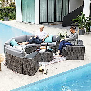 SUNSITT Outdoor Patio Furniture 11-Piece Half-Moon Sectional Round Set Curved Sofa with Tempered Glass Coffee Table, 4 Pillows, Grey Rattan