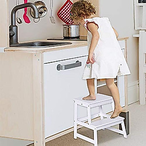 Kinbor Baby Kids Kitchen Step Stool with Safety Rail-Solid Wood Construction Toddler Stool Toddler Stepping Stool for Counter and Bathroom Sink White
