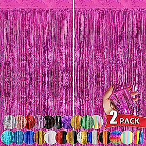 Hot Pink Metallic Tinsel Foil Fringe Curtains, 2 Pack 3.3x8.3 Feet Streamer Backdrop Curtains for Birthday Party Decorations, Halloween Decor, Foil Curtain Backdrop for Bachelorette Party